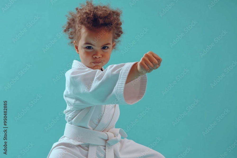 Child in a white kimono practicing karate, set against a solid color ...