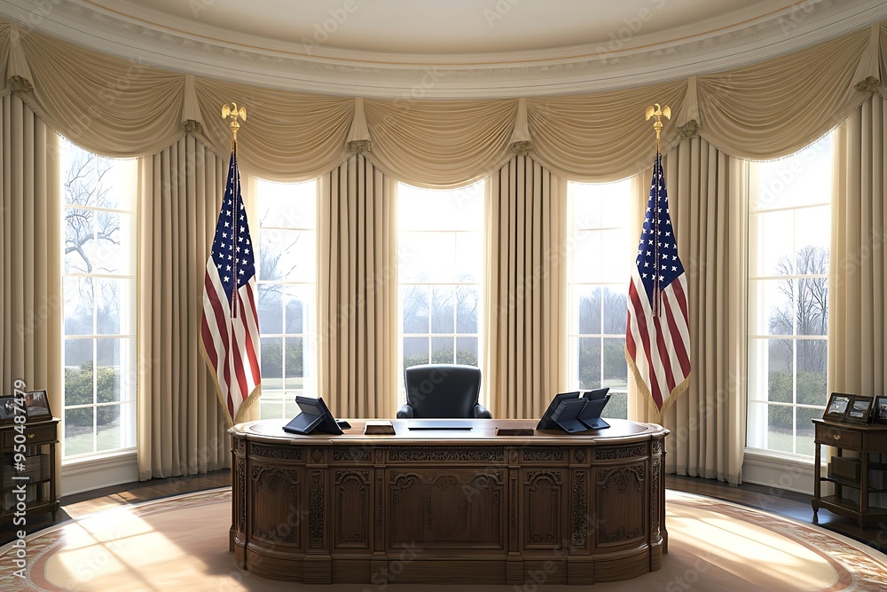 oval-shaped office with elegant classical design, large windows with ...