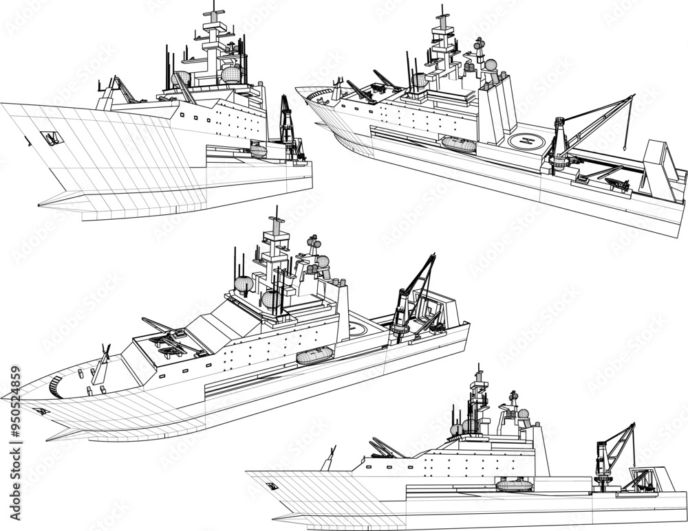 Vector sketch illustration of combat warship design with guns and ...