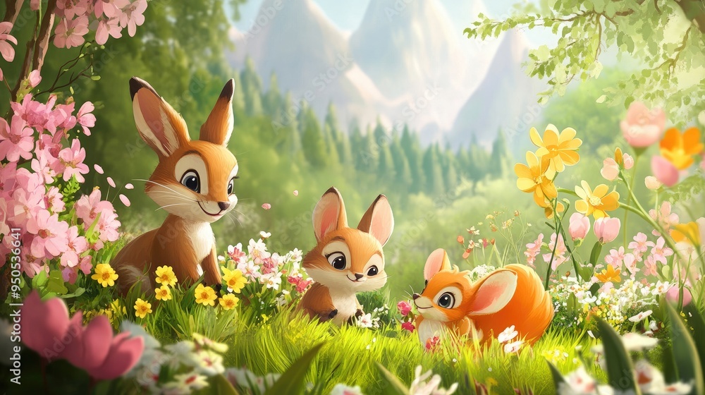 Adorable cartoon wild animals playing in a spring forest, with a ...