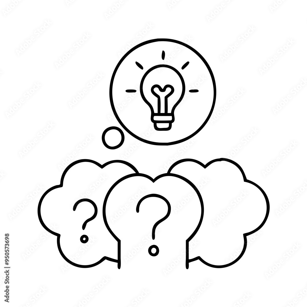 Creative idea generation icon with lightbulb and question marks in ...