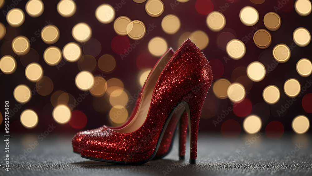 Glittering ruby red high heels on a sparkling bokeh background ...