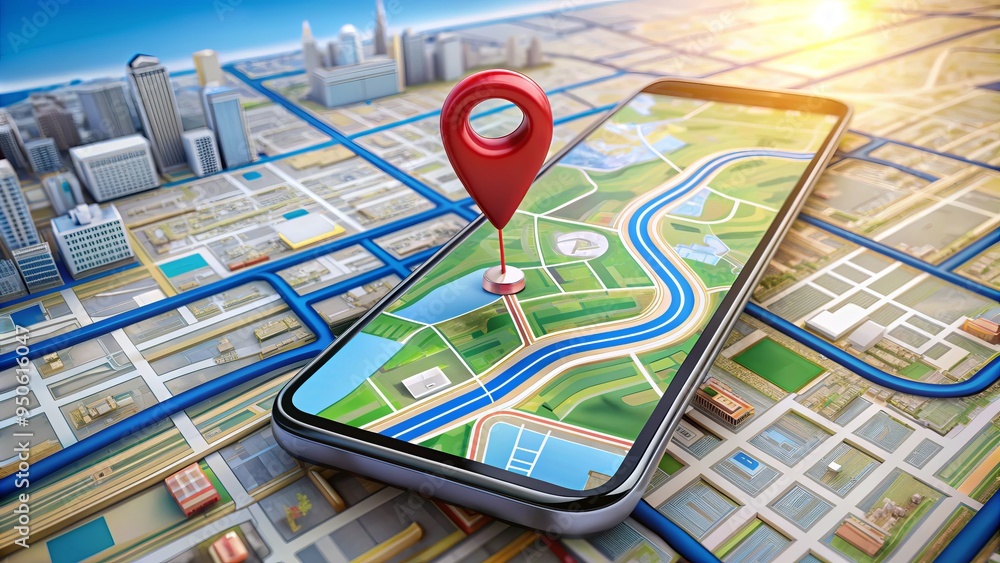 Modern smartphone screen displaying GPS navigation route with blue ...