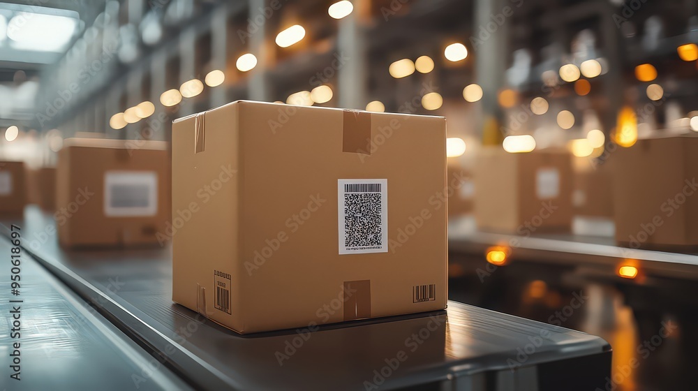 Cardboard boxes with QR codes move along a conveyor belt in a modern ...