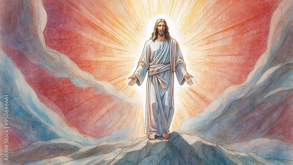 Colorful illustration of Jesus Christ on the mountain as a symbol of ...