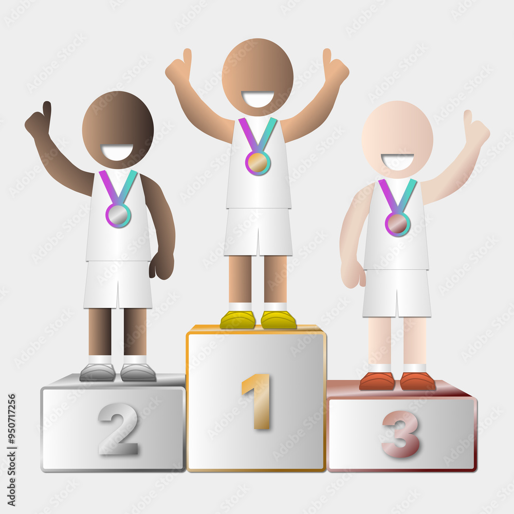 Winners on podium with their medals, first, second and third place ...