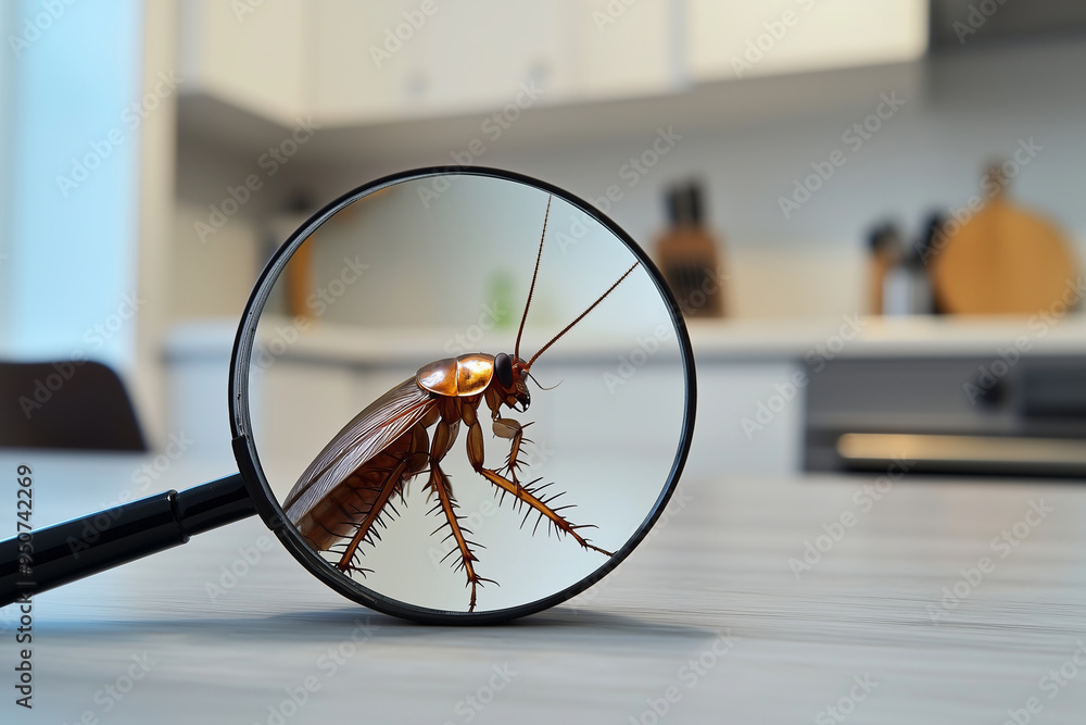 Cockroaches under a magnifying glass with a white kitchen in the ...