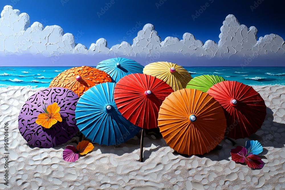 Forever Summer with tropical beach umbrellas, depicted in an artwork ...