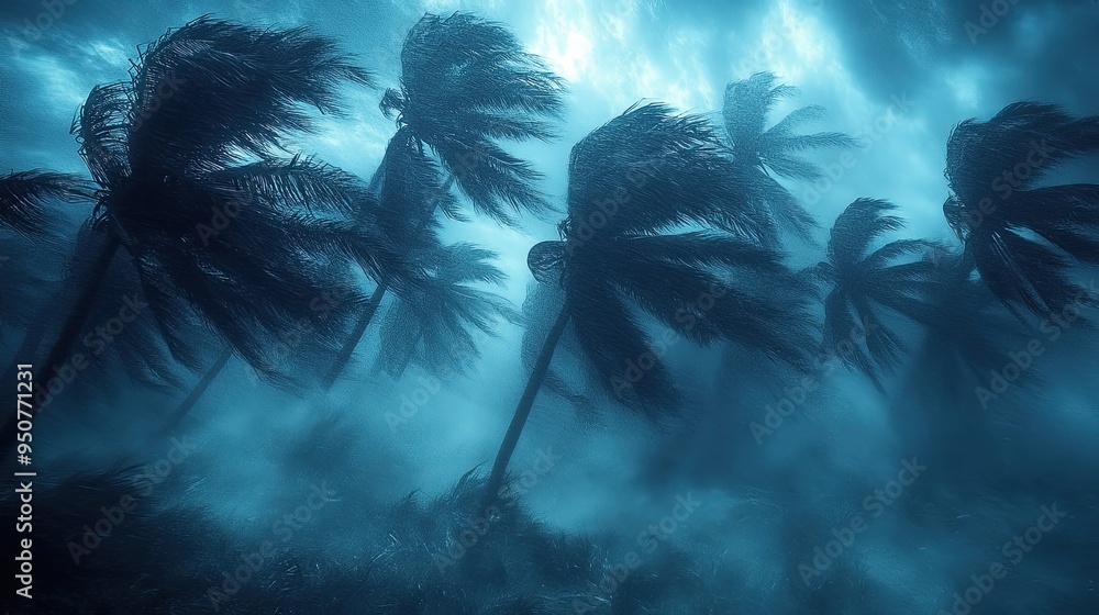 Gale-force winds bending digital palm trees during a tropical storm ...