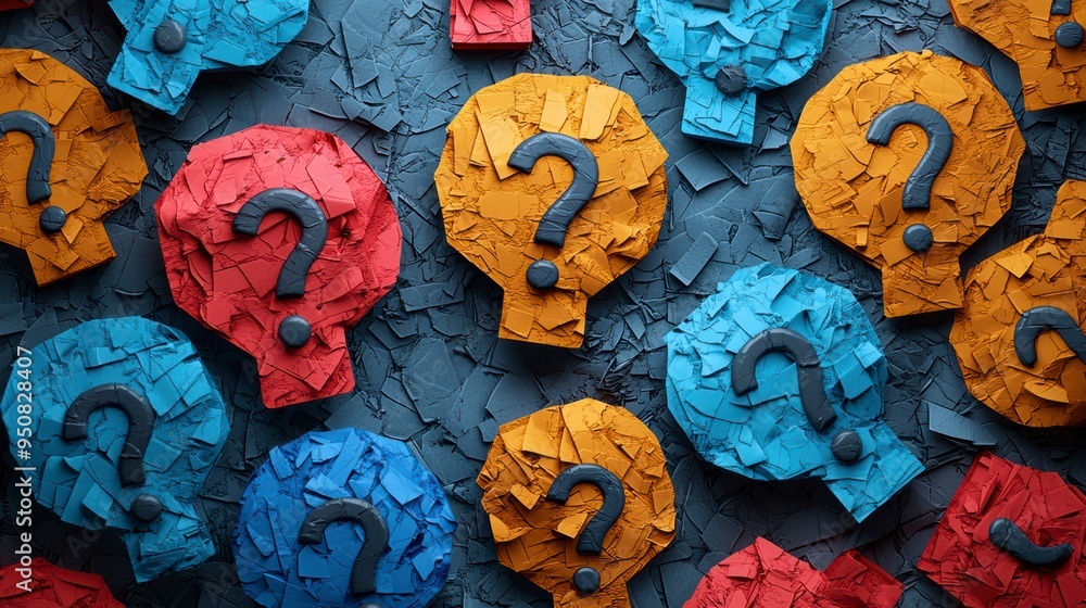 Colored crumpled paper with question marks is a background for quizzes ...