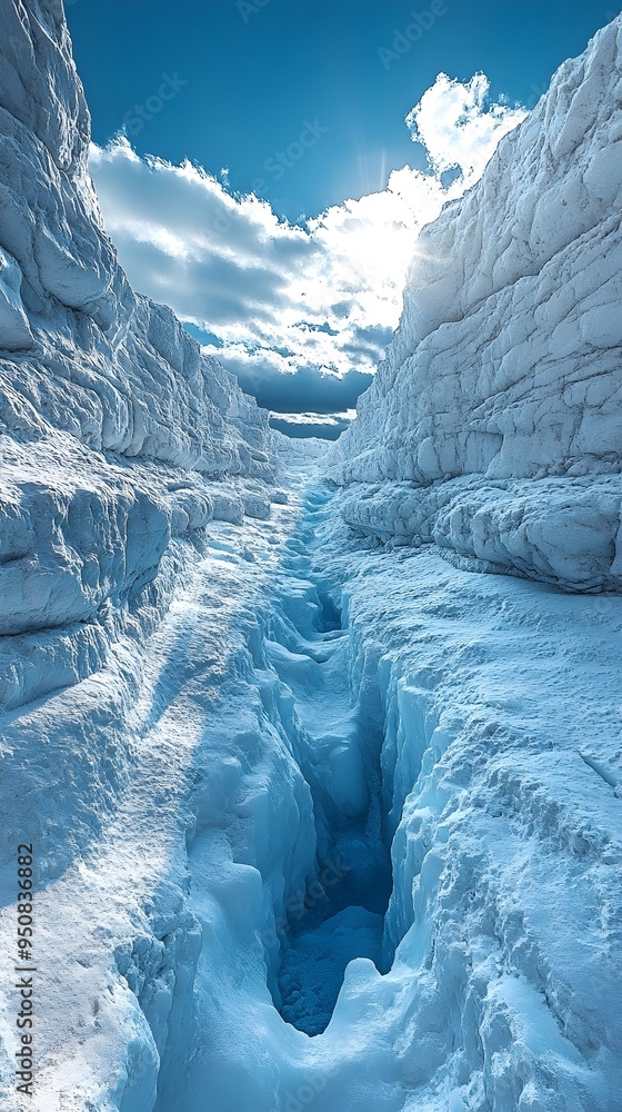 A deep crevasse in a glacier, with bright blue ice visible at the ...