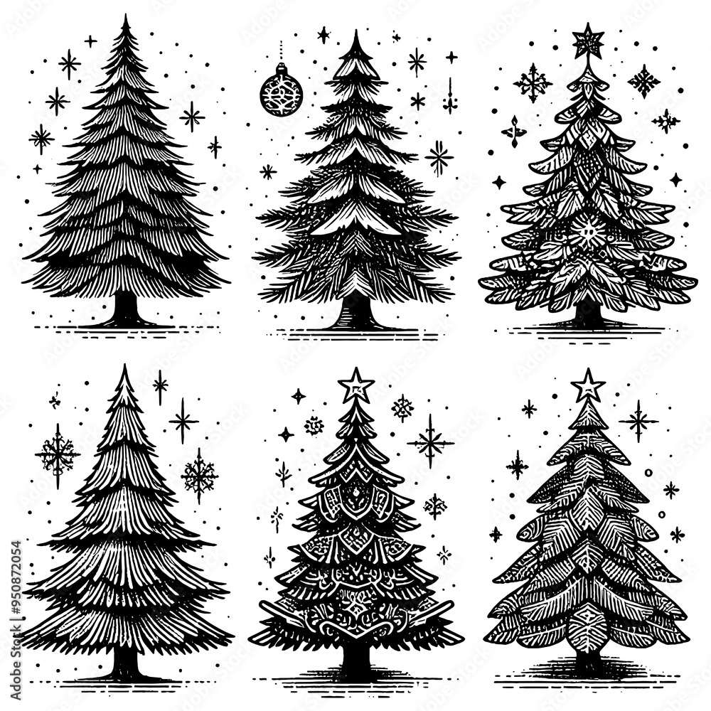 Set collection of Christmas trees, unique designs and festive ...