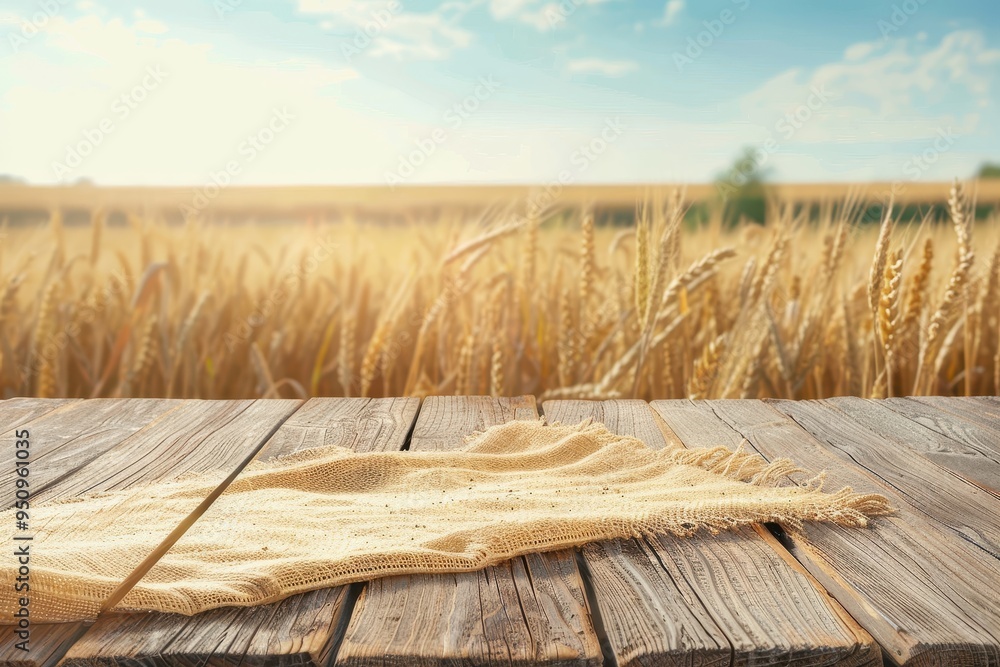 Blank table with tablecloth against blurred wheat field background Shavuot themed design and ...