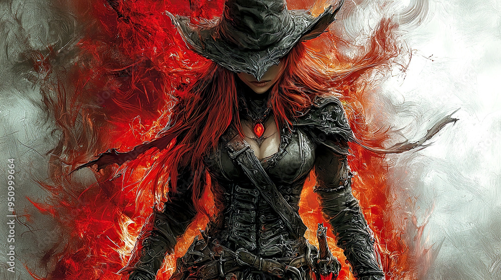Female red headed demon hunter surrounded by fire, fantasy warrior ...