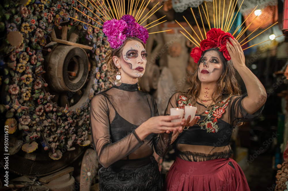Mexican women dressed as Catrina with a headdress with flowers on their ...