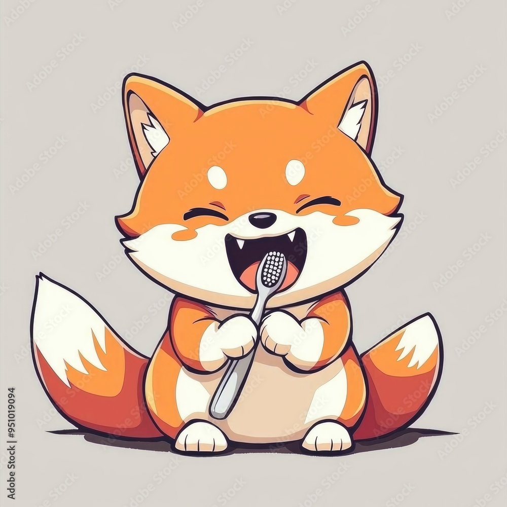 Cute Fox Brushing Teeth Cartoon Illustration Stock Illustration | Adobe ...