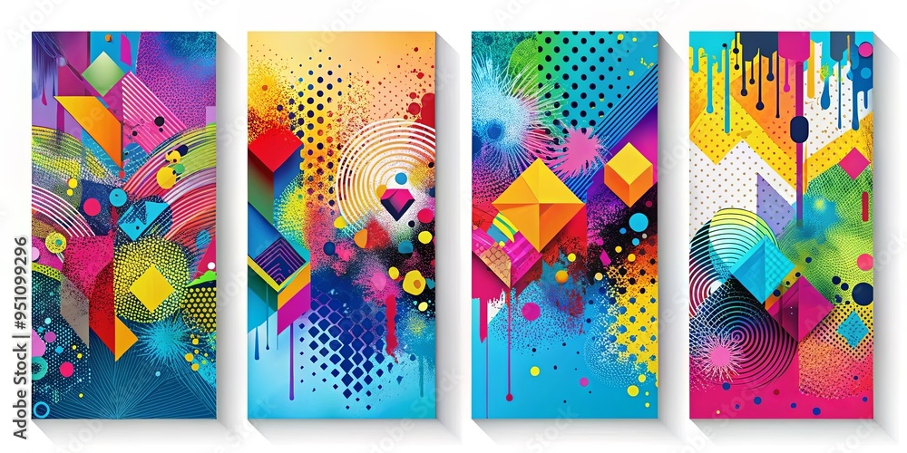 Vibrant cmyk ink splattered canvases with bold geometric shapes and ...