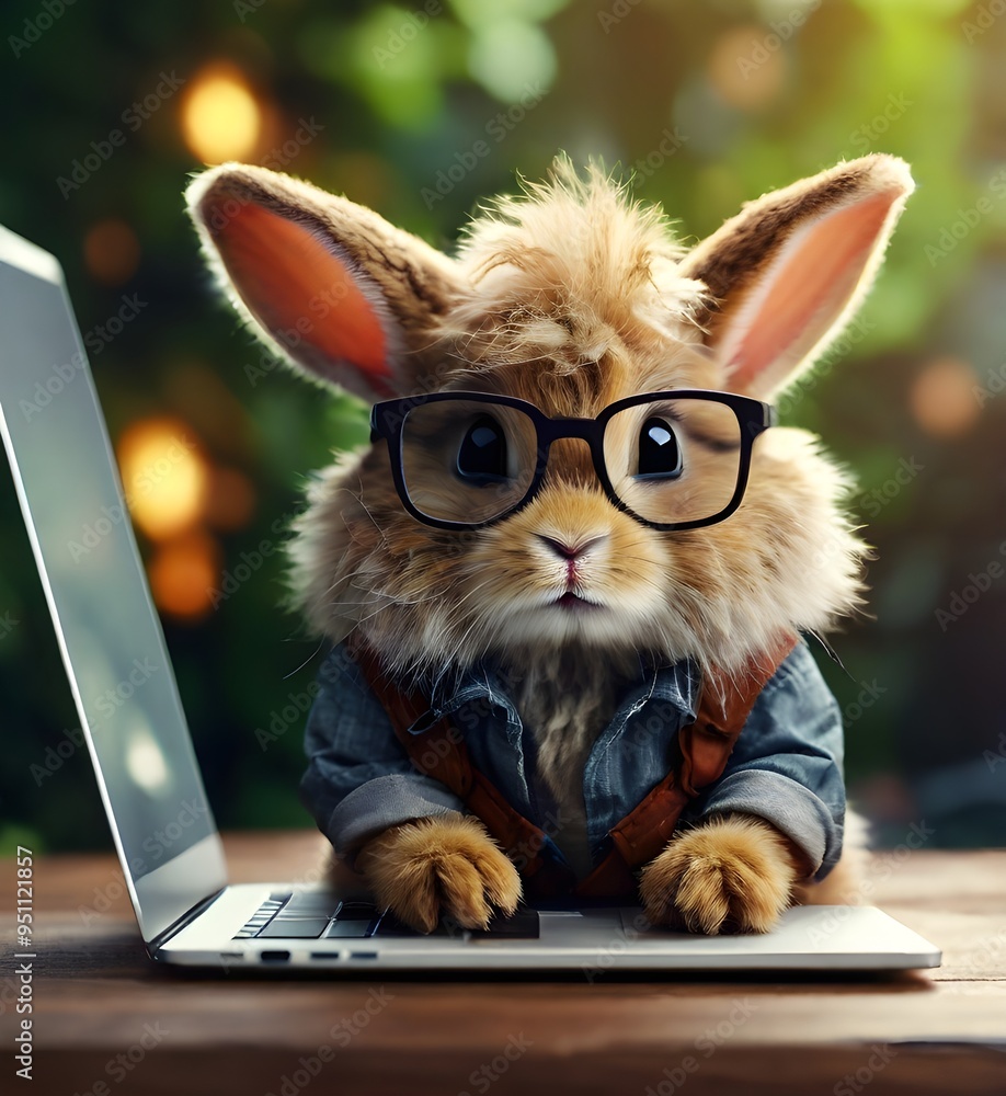 Baby Rabbit with Laptop. A Furry Dwarf Rabbit Wearing Eyeglasses. E ...
