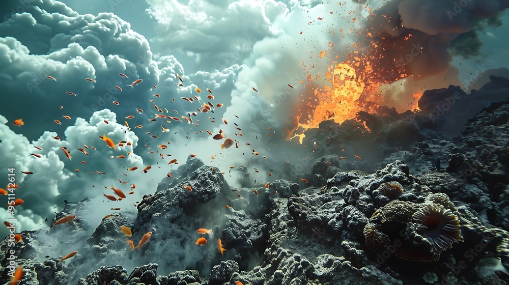 Underwater view of volcanic eruption tropical island lava pouring into ...