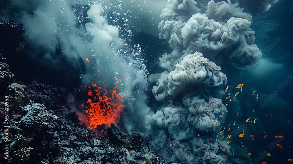 Underwater view of volcanic eruption tropical island lava pouring into ...