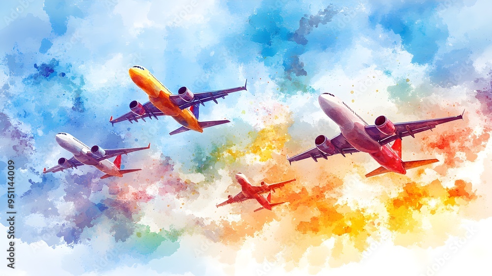 A vibrant watercolor scene with airplanes in contrasting colors ...