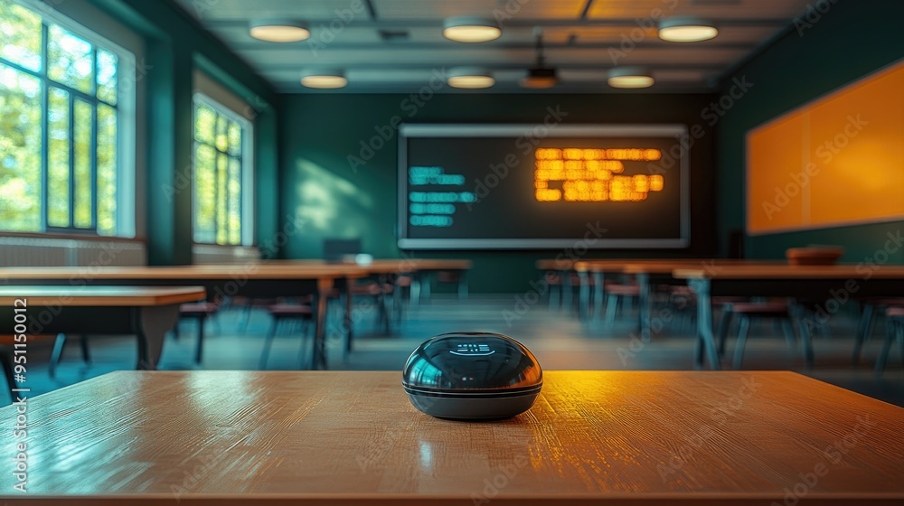 AI-powered education robot, small and friendly, in a classroom ...