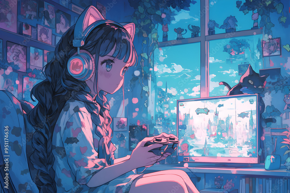 Gamer Girl: Girl playing a retro video game on an old TV with oversized ...