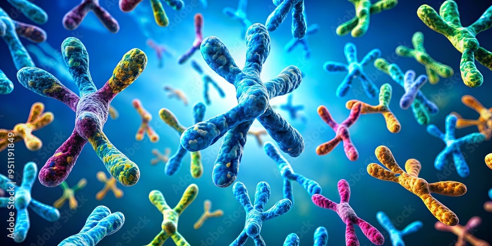 Vibrant of human chromosomes 23 pairs floating in a blue background ...