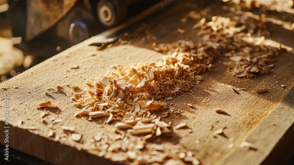 Close-up of wood shavings from an electric hand planer, with visible ...