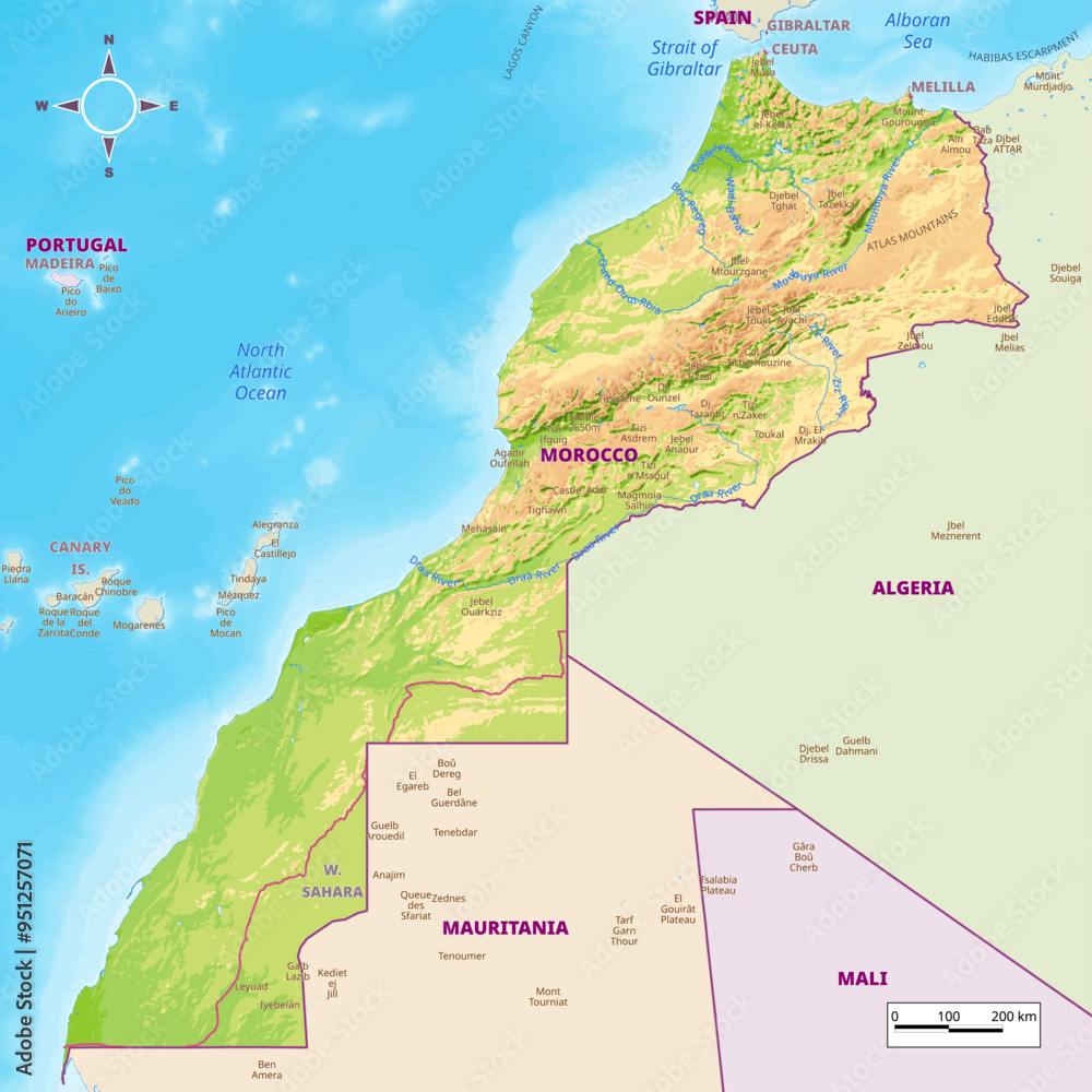 Morocco physical map with national borders, rivers and lakes, mountains ...