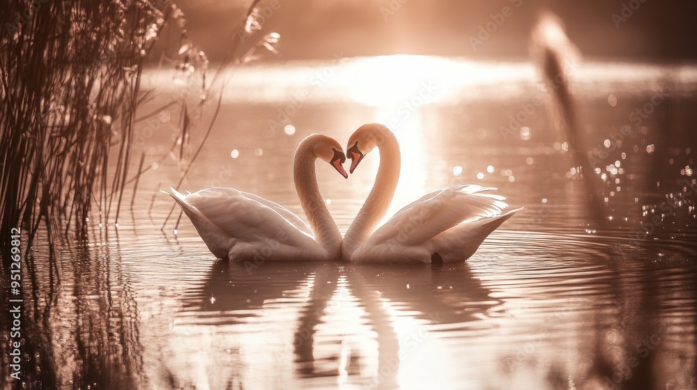 Dua ekor angsa dengan anggun melilitkan lehernya dalam pose romantis ...