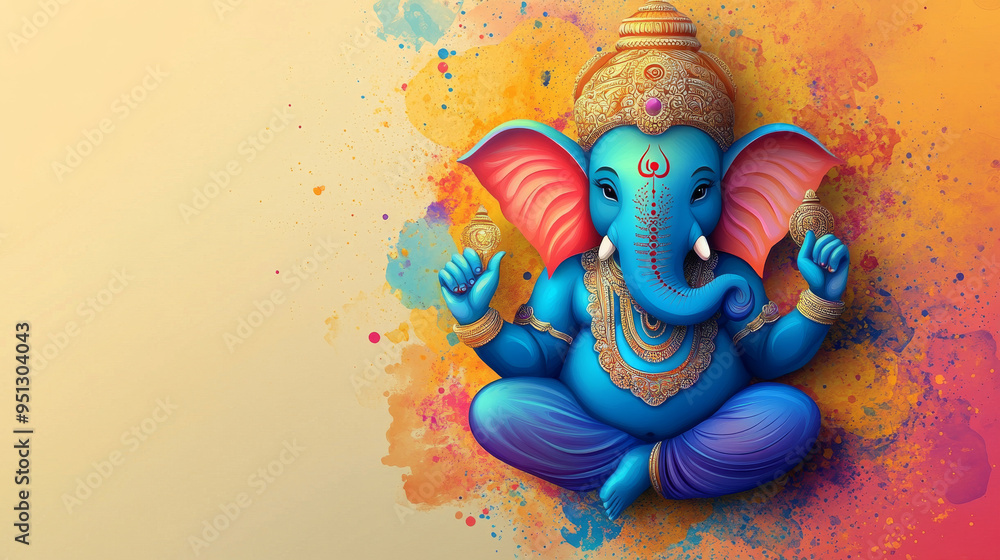 Blue ganesha is sitting and blessing on an artistic colorful background ...