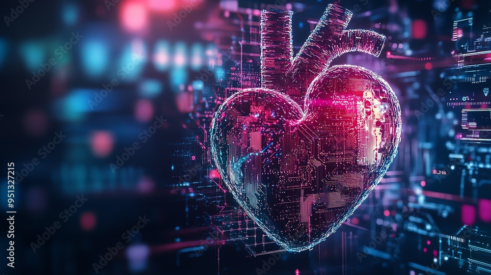 Double exposure art of a human heart with semiconductor circuits ...