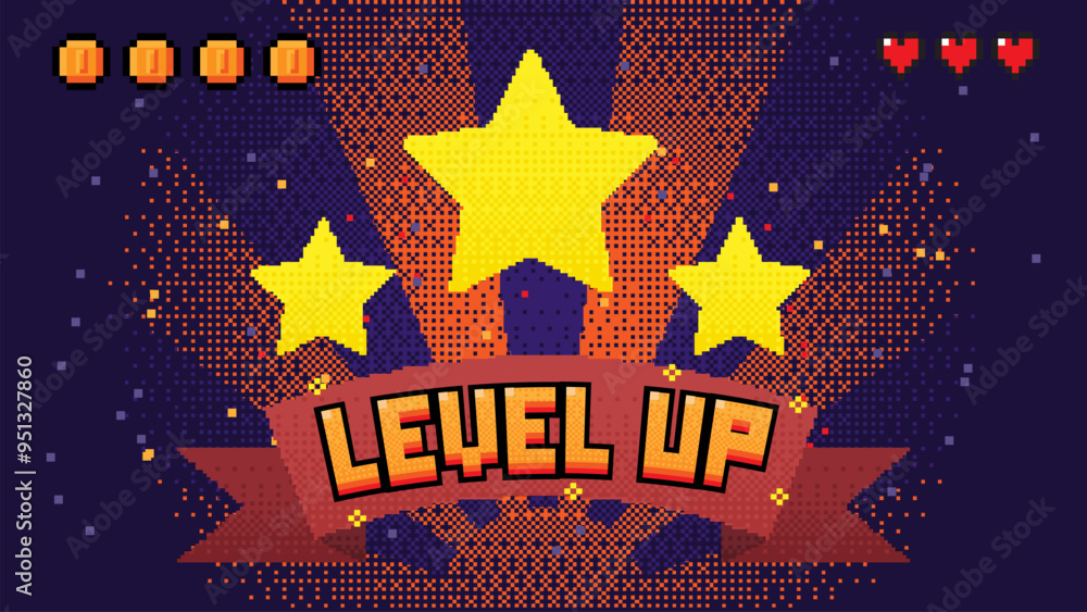 LEVEL UP text with gold coin ,with pixel stars, life hearts indicator ...