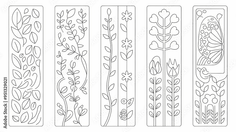 set of bookmarks , botanical line drawing diy coloring page , isolated ...