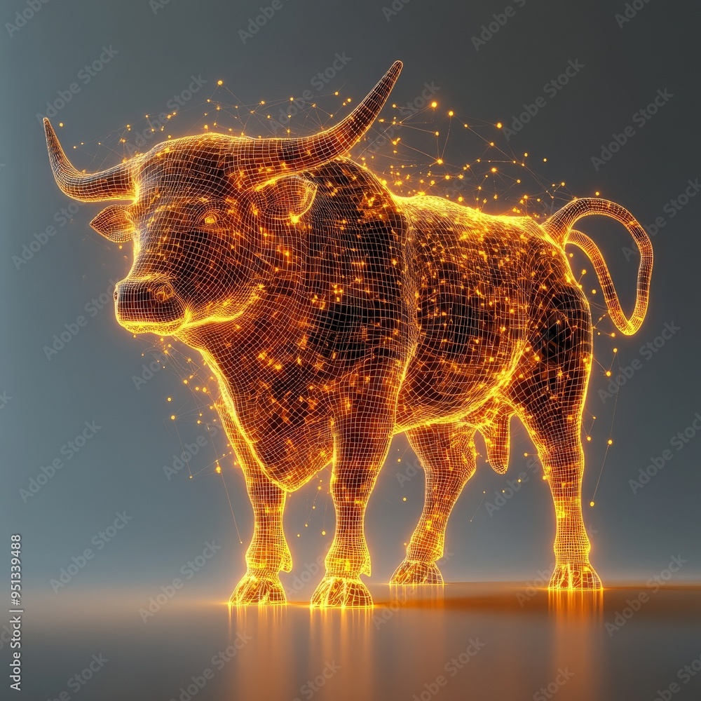 Digital Bull: A powerful and luminous bull, rendered in a mesmerizing ...