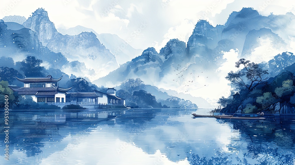 Rural landscape with a tea plantation, a Chinese village, and boat on ...