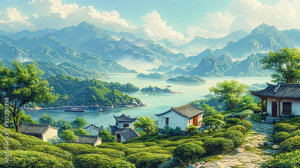 Rural landscape with a tea plantation, a Chinese village, and boat on ...