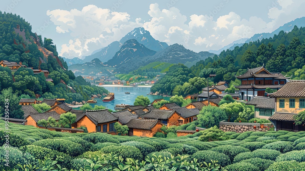 Rural landscape with a tea plantation, a Chinese village, and boat on ...