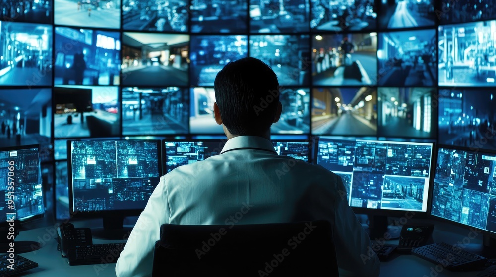 Central control panel with live surveillance feeds, overseen by a ...
