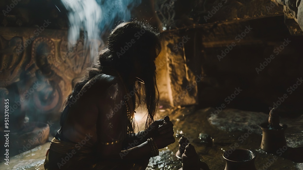 Side view of Aghori woman performing a ritual in a dark damp cave The ...