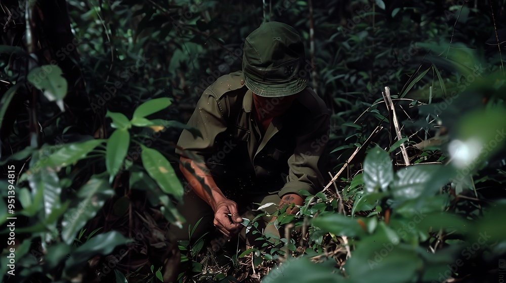 Straight view of Viet Cong fighter setting up booby trap along jungle ...