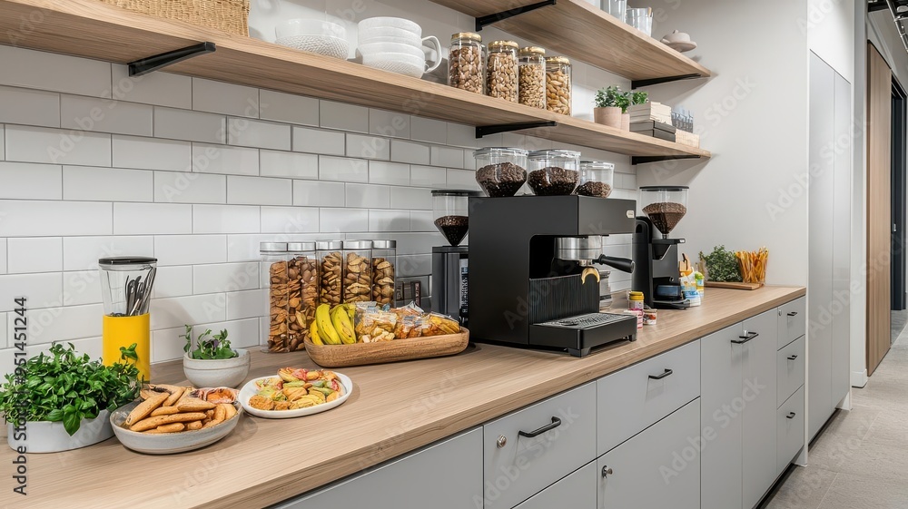 Modern office pantry with a coffee machine and snacks on the counter ...