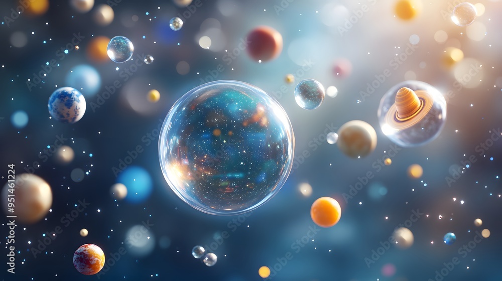 Candy-coated solar system in a bubble universe, widescreen format Stock ...