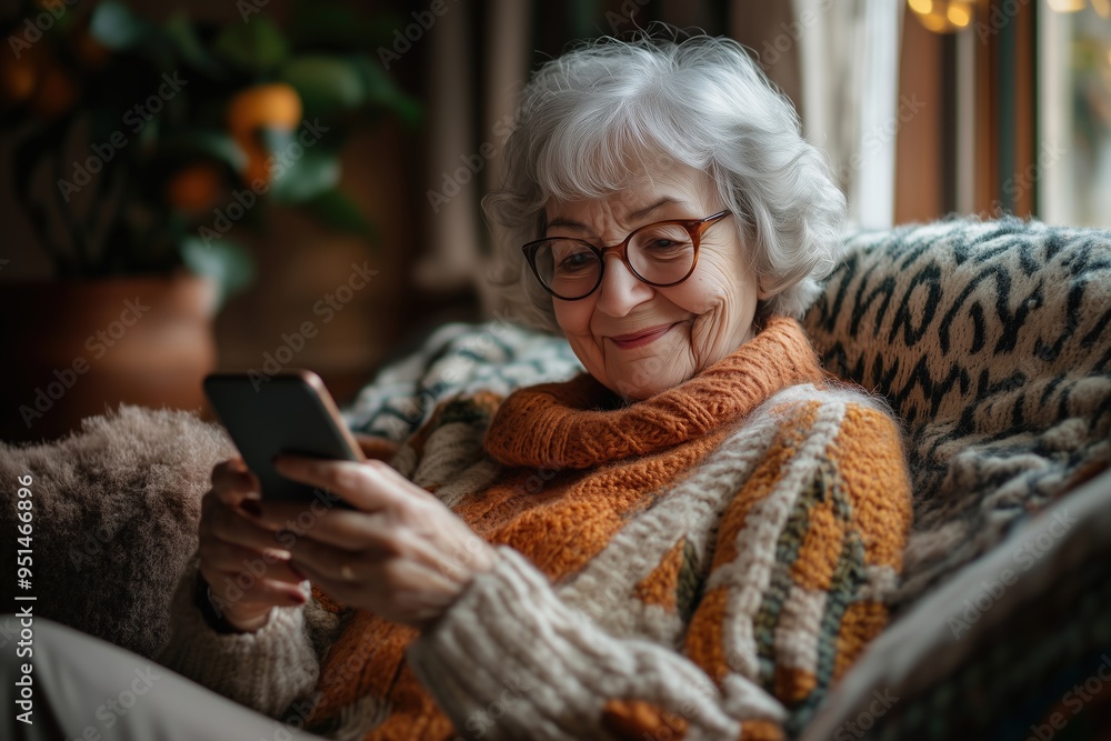 Elderly grandma sitting comfortably on a couch using a smartphone ...