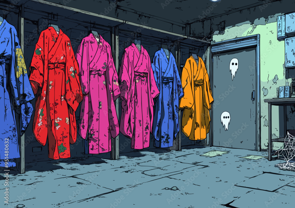 Abandoned locker room with vibrant colored kimonos hanging and eerie ...