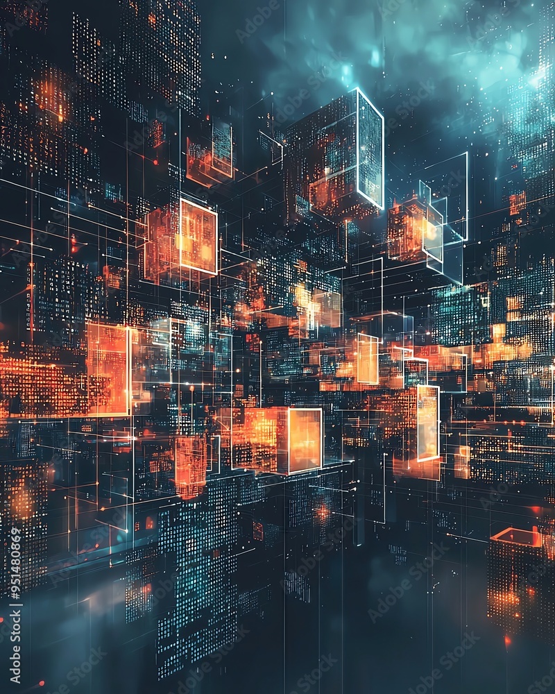 Abstract digital landscape with glowing cubes and complex data ...