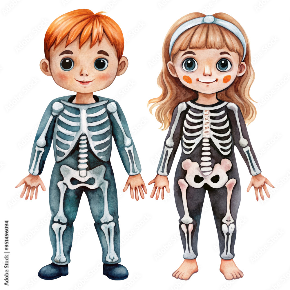 Two kids dressed up as skeletons for Halloween, holding hands and ...