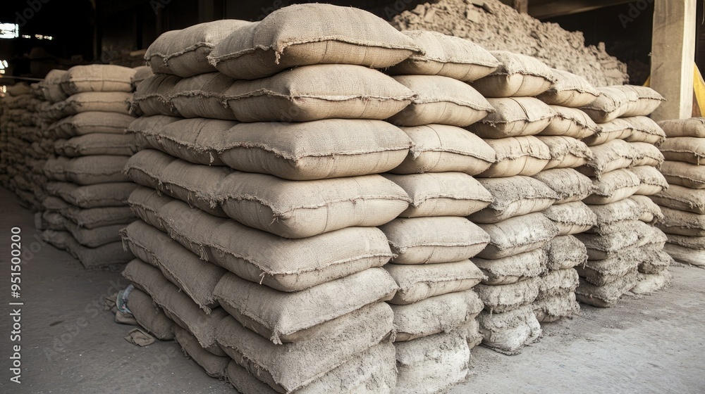 A large stack of cement sack bags piled high in a warehouse, each bag ...
