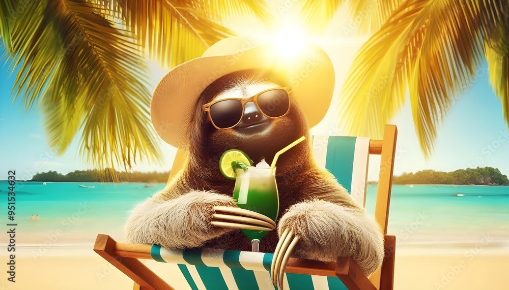 Happy and smiling sloth wearing summer hat and stylish sunglasses ...